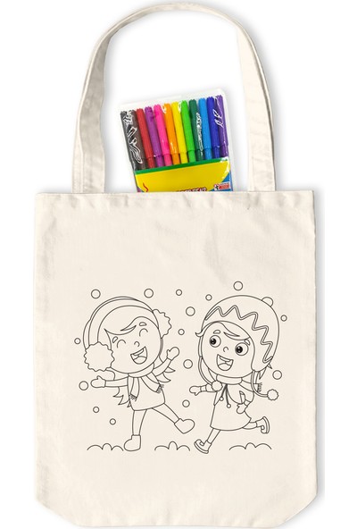 Çınar Bez Çanta Dans Eden Çocuklar Boyama Desenli Ham Bez Çanta - Boya
