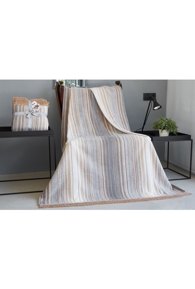 Dolce Bonita Home Pamuklu Tv Battaniye 127X155 Çizgili Antrasit-Bej