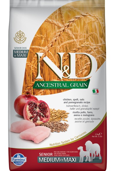 N&D Ancestral Grain Tavuk & K.Buğday & Nar Senior Adult Med & Maxi Köpek Maması 2,5 Kg N&D Ancestral Grain Tavuk & K.Buğday & Nar Senior Adult Med & Maxi Köpek Maması 2,5 Kg