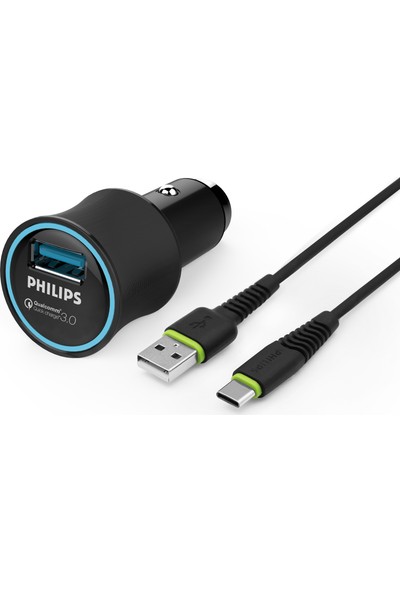 Philips DLP3520C/97 USB Araç İçi Şarj Cihazı QC 3.0 + USB-C 1.2 mt Şarj Kablosu Siyah