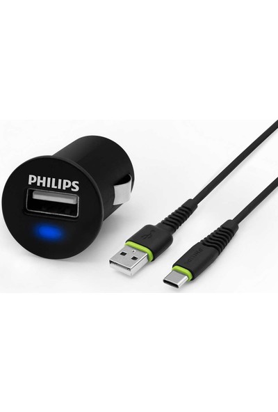 Philips DLP2520C/97 USB Araç Şarj Cihazı 2.1A + USB-C 1.2 mt Şarj Kablosu Siyah Philips DLP2520C/97 USB Araç Şarj Cihazı 2.1A + USB-C 1.2 mt Şarj Kablosu Siyah