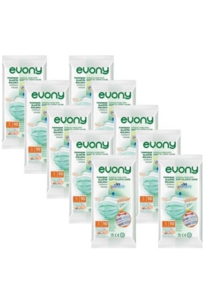 Evony Yumuşak Elastik Kulaklı 3 Katlı Telli Cerrahi Maske 10'lu x 10 Adet Evony Yumuşak Elastik Kulaklı 3 Katlı Telli Cerrahi Maske 10'lu x 10 Adet