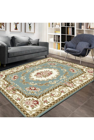 Canel Mavi Kahve Bordo Güller Desenli Lastikli Halı Örtüsü Halı Kılıfı