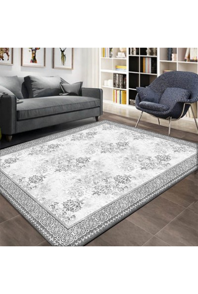 Canel Gri Vintage Anadolu Otantik Desenli Lastikli Halı Örtüsü Halı Kılıfı