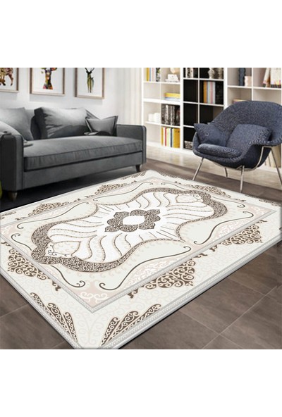 Canel Kahve Krem Gri Motifli Desenli Lastikli Halı Örtüsü Halı Kılıfı