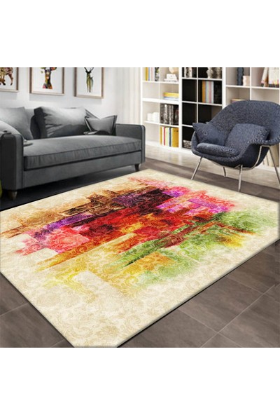 Canel Yeşil Sarı Pembe Krem Suluboya Desenli Lastikli Halı Örtüsü Halı Kılıfı