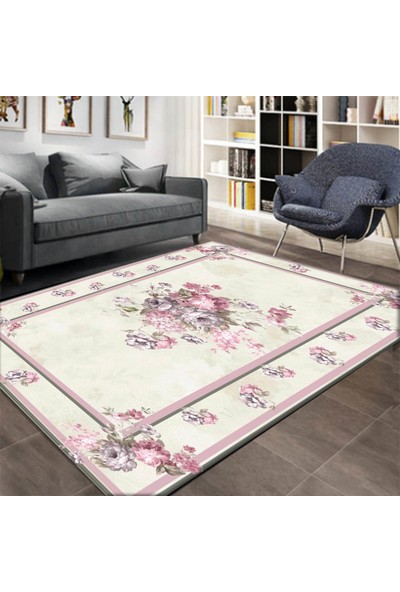 Canel Pembe Gri Retro Güller Desenli Lastikli Halı Örtüsü Halı Kılıfı Canel Pembe Gri Retro Güller Desenli Lastikli Halı Örtüsü Halı Kılıfı