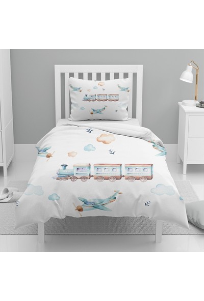 Else Bulutlar Uçak Trenli Desenli Tek Kişilik Çocuk Nevresim Takımı