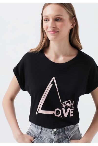 Mavi Kadın Love Baskılı Siyah İstanbul Tişört 167773-900