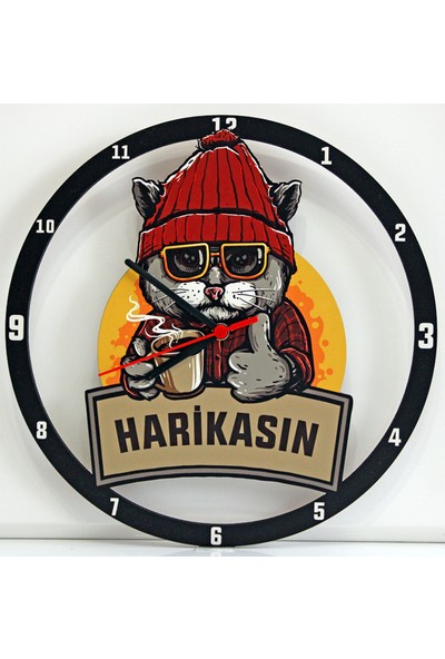 Meyu Home Kedi Tasarımlı 29 cm Ahşap Saat