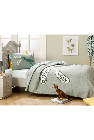English Home Dinosaur Pamuklu Tek Kişilik Çocuk Battaniye 150 x 200 cm Yeşil