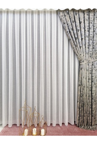 Esdeh Gri Desenli Fon Perde - Jakar Model - Orta Sık 1'e 2.85 Pile Dikim - 2 Kanat Takım