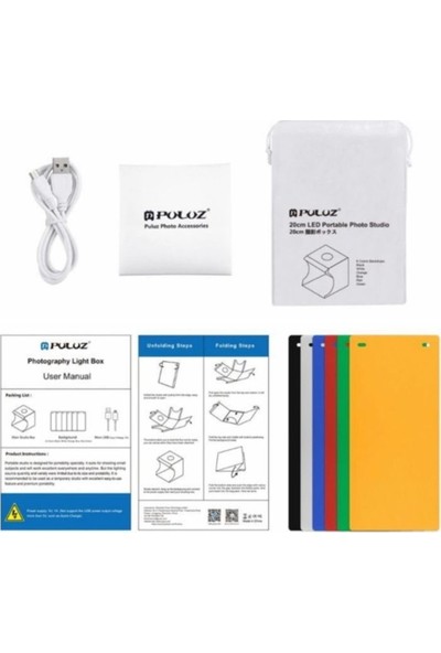 Puluz 2 LED Işıklı 6 Arka Fonlu 5022 Fotoğraf Çekim Stüdyosu - Çadırı 20 x 20 x 20 cm Puluz 2 LED Işıklı 6 Arka Fonlu 5022 Fotoğraf Çekim Stüdyosu - Çadırı 20 x 20 x 20 cm