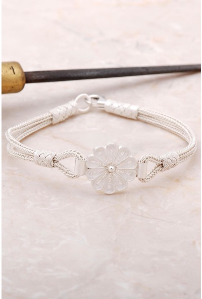 Sümer Telkari Kazaziye Işlemeli Telkari Papatya Gümüş Bileklik 3401