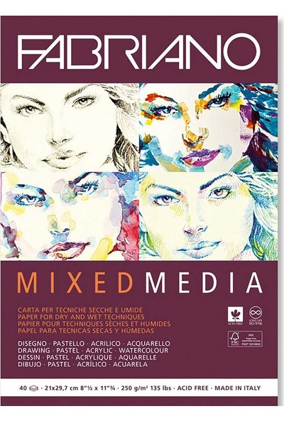 Fabriano Mi x ed Media Çok Amaçlı Karışık Teknik Kuru,sulu,pastel Eskiz Çizim Defteri 250 gr 40 Yaprak A4