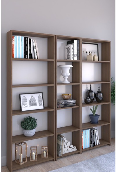 PlatinReyon Üçlü Ceviz Raf Ofis Kütüphanesi Kitaplık