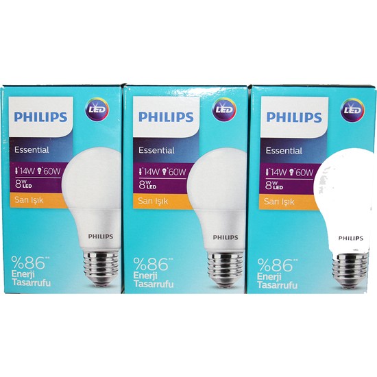 Philips Essential 8W - 60W LED Ampul E27 Sarı Işık 3'lü Fiyatı