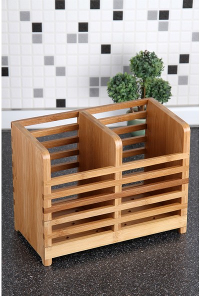 Pinkev Tezgah Üstü Iki Bölmeli Bambu Kaşıklık