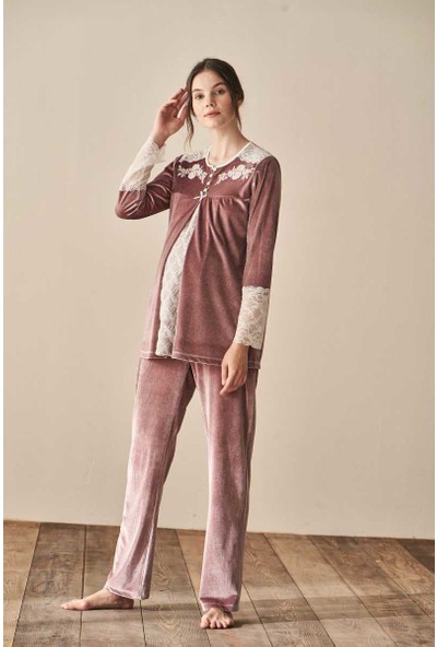 Feyza Kadın Lohusa Pijama Takımı Pilikaşeli Robalı Kısa Düğmeli Kol Dantel Detaylı Gül Kurusu M Feyza Kadın Lohusa Pijama Takımı Pilikaşeli Robalı Kısa Düğmeli Kol Dantel Detaylı Gül Kurusu M