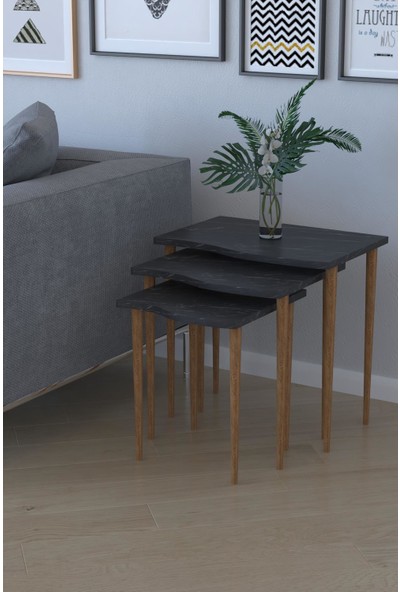 Remaks Bayrak 3'lü Zigon Sehpa Çay Sehpası - Siyah Mermer