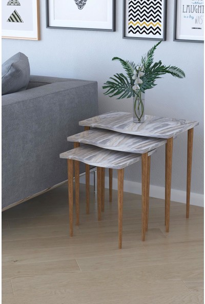 Remaks Bayrak 3'lü Zigon Sehpa Çay Sehpası - Beyaz Mermer