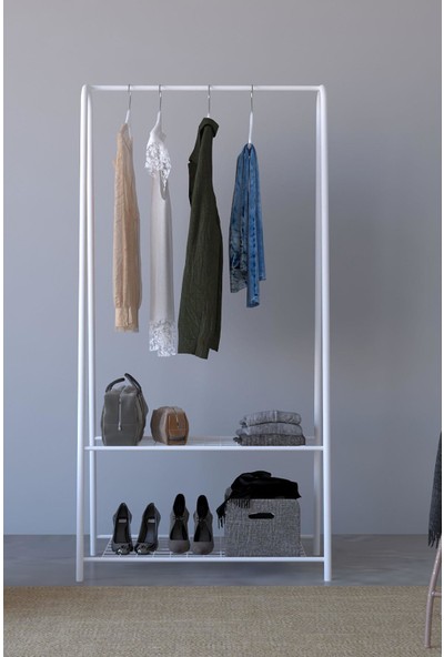 Remaks Konfeksiyon Askılık 2 Raflı Metal Portmanto Ayaklı Elbise Askısı-Beyaz