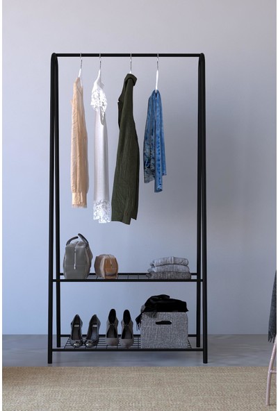 Remaks 2 Raflı Metal Portmanto Ayaklı Elbise Askısı ve Konfeksiyon Askılık - Siyah