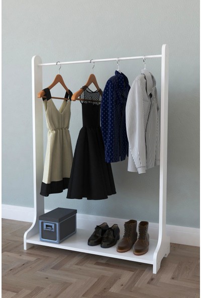 Remaks Still Portmanto Ayaklı Elbise Askısı ve Konfeksiyon Askılık Elbise Dolabı - Beyaz