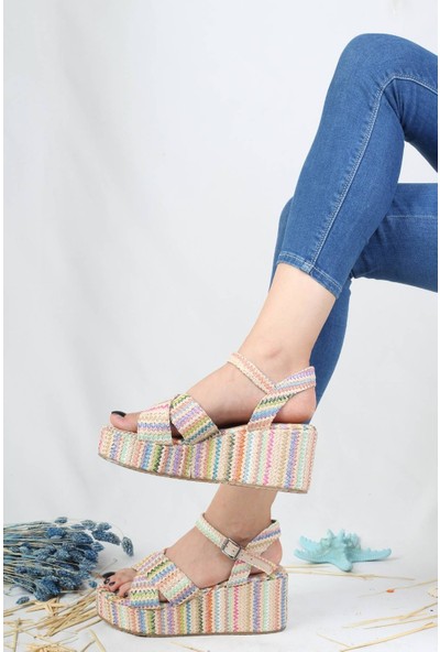 Modabuymus Çok Renkli Hasır Dolgu Tabanlı Çapraz Bantlı Kadın Sandalet - Yummy Modabuymus Çok Renkli Hasır Dolgu Tabanlı Çapraz Bantlı Kadın Sandalet - Yummy
