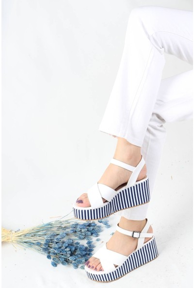 Modabuymus Marin Dolgu Tabanlı Çapraz Bantlı Beyaz Kadın Sandalet - Yummy Modabuymus Marin Dolgu Tabanlı Çapraz Bantlı Beyaz Kadın Sandalet - Yummy