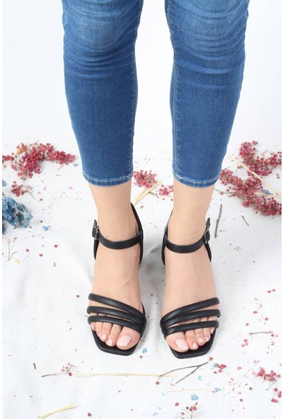 Modabuymus Siyah Renk Asimetrik Bantlı Topuklu Kadın Sandalet - Melodi Modabuymus Siyah Renk Asimetrik Bantlı Topuklu Kadın Sandalet - Melodi
