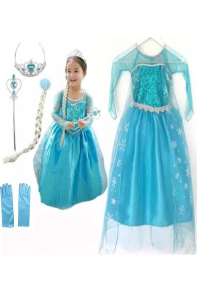 Deha Moda Kız Çocuk Uzun Kol Simli Frozen Taç Asa Saç ve Eldiven Mavi Elsa Elbise