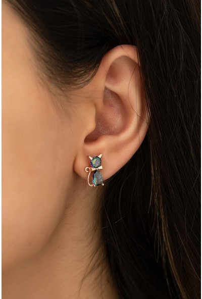 Nereze 925 Ayar Mistik Topaz Taşlı Kedi Kadın Gümüş Küpe