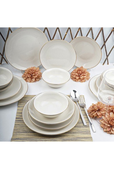 Tulü Porselen Diva Altın Yaldızlı 24 Parça Porselen Yemek Takımı Krem