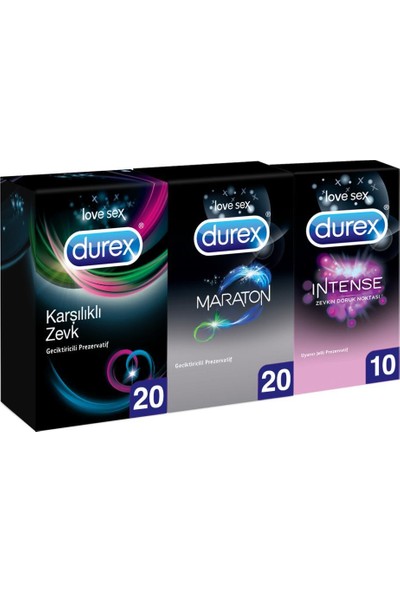 Durex Karşılıklı Zevk 20'li + Maraton 20'li + Intense Prezervatif 10'lu Durex Karşılıklı Zevk 20'li + Maraton 20'li + Intense Prezervatif 10'lu