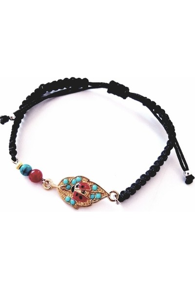 Funny Takı Turkuaz ve Mercan Doğaltaşlı Uğurböceği Siyah Makrome Bileklik