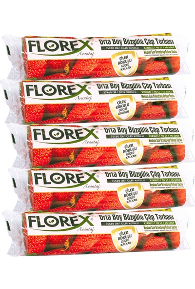 Florex Büzgülü Orta Boy Avantaj Seri 5 Rulo Çilek Kokulu Çöp Torbası Florex Büzgülü Orta Boy Avantaj Seri 5 Rulo Çilek Kokulu Çöp Torbası