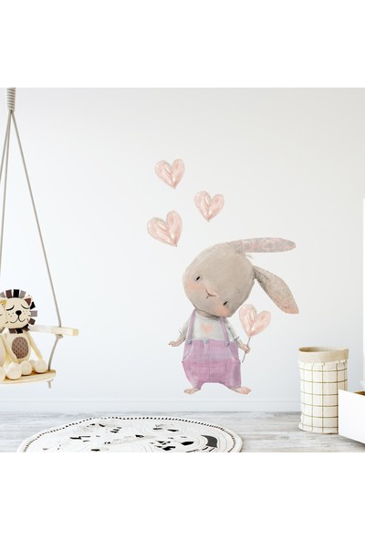 Kt Decoration Sevimli Kalpli Tavşan Pembe Tulumlu Duvar Sticker Seti Kt Decoration Sevimli Kalpli Tavşan Pembe Tulumlu Duvar Sticker Seti