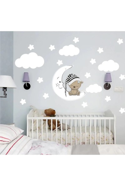 Kt Decoration Uyuyan Ayıcık Yıldız Bulut Set Bebek Çocuk Odası Duvar Sticker