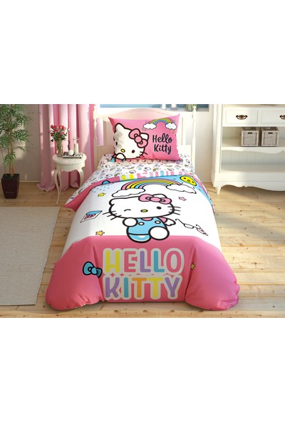 Taç Lisanslı Tek Kişilik Nevresim Takımı Hello Kitty Rainbow