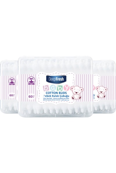 Deep Fresh Bebek Pamuklu Kulak Temizleme Çubuğu 3 x 60 Adet Deep Fresh Bebek Pamuklu Kulak Temizleme Çubuğu 3 x 60 Adet