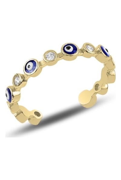 Gülüş Gümüş Nazar Boncuklu ve Zirkon Taşlı Ayarlanabilir Yüzük