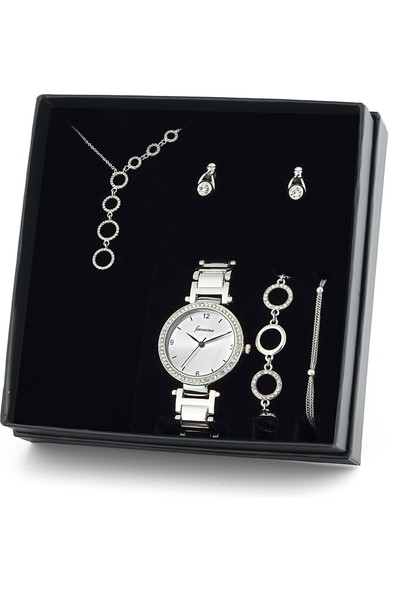 Forentina Gümüş Kaplama Yuvarlak Kolye Küpe Bileklik Saat Set
