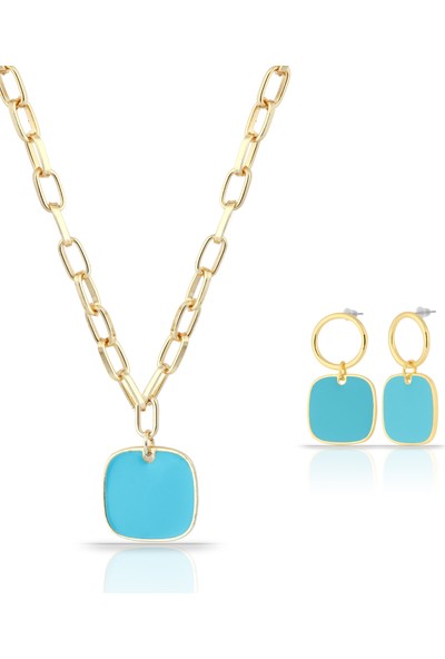 Forentina Altın Kaplama Kare Mineli Kolye Küpe Set
