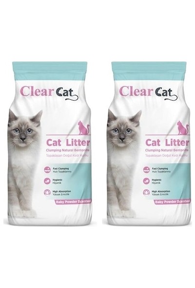 Clear Cat Bebek Pudrası Kokulu İnce Taneli Kedi Kumu 10 kg x 2 Adet