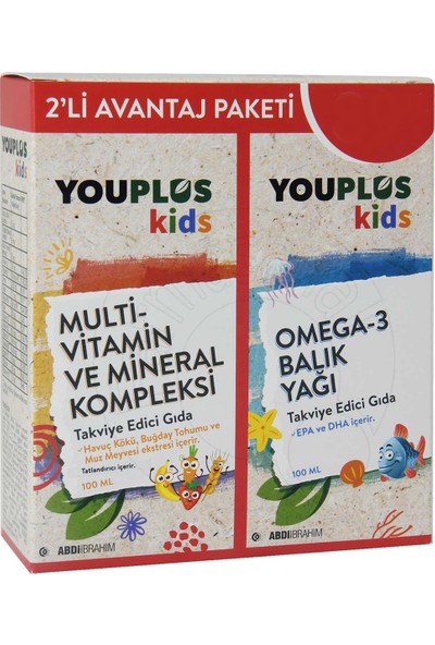Youplus Kids Multivitamin ve Mineral Kompleksi 100 ml + Omega 3 Balık Yağı 100 ml Youplus Kids Multivitamin ve Mineral Kompleksi 100 ml + Omega 3 Balık Yağı 100 ml