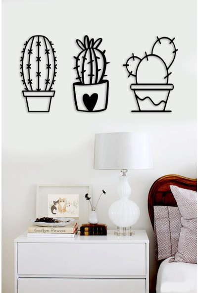 İz Shop 3'lü Kaktüs Lazer Kesim Siyah Tablo