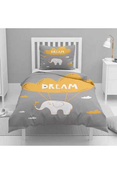 Else Halı Sarı Beyaz Gri Sevimli Fil Desenli Tek Kişilik Çocuk Nevresim Takımı