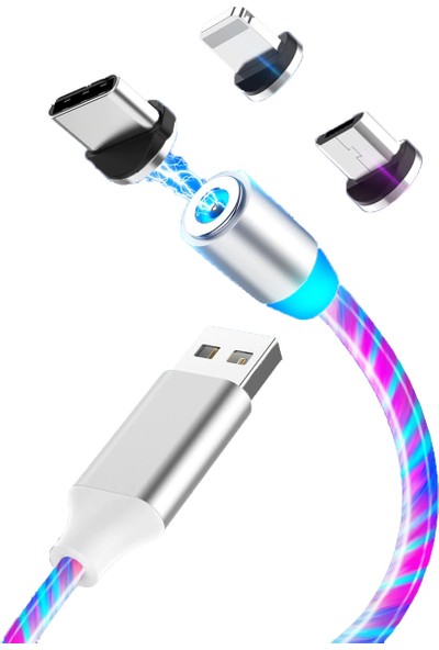 Qozie Manyetik LED Sarmal 2A 3in1 Şarj Kablosu Qozie Manyetik LED Sarmal 2A 3in1 Şarj Kablosu