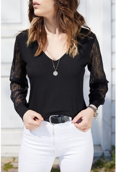 Xhan Kolu Tül Detaylı V Yaka Bluz 0YXK2-43364-02